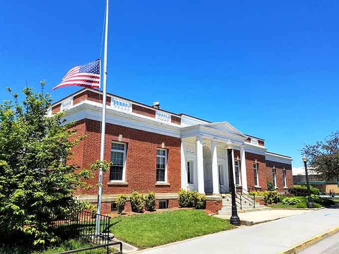 Classic brick and white columns give this post office more dignity than most modern buildings could dream of.