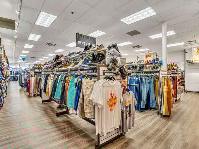 Men's apparel fills the space with colorful options, proving guys deserve stylish choices without the department store sticker shock.