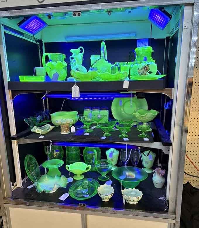 Under black light, uranium glass glows an otherworldly green, like kryptonite fashioned into Depression-era tableware.