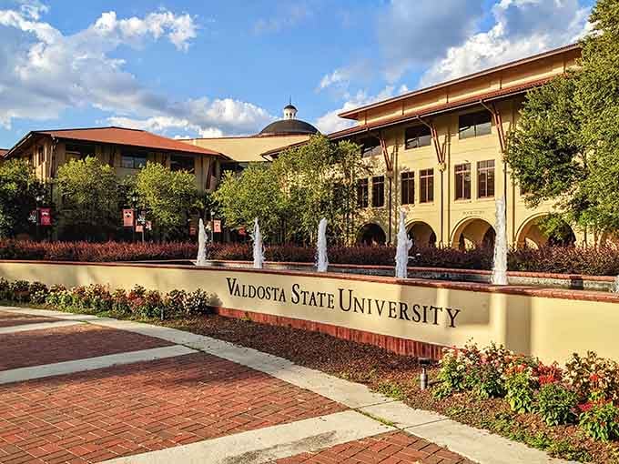 Valdosta State University's elegant Spanish Mission-style architecture creates a campus oasis where fountains dance and learning flourishes beneath Georgia's blue skies.