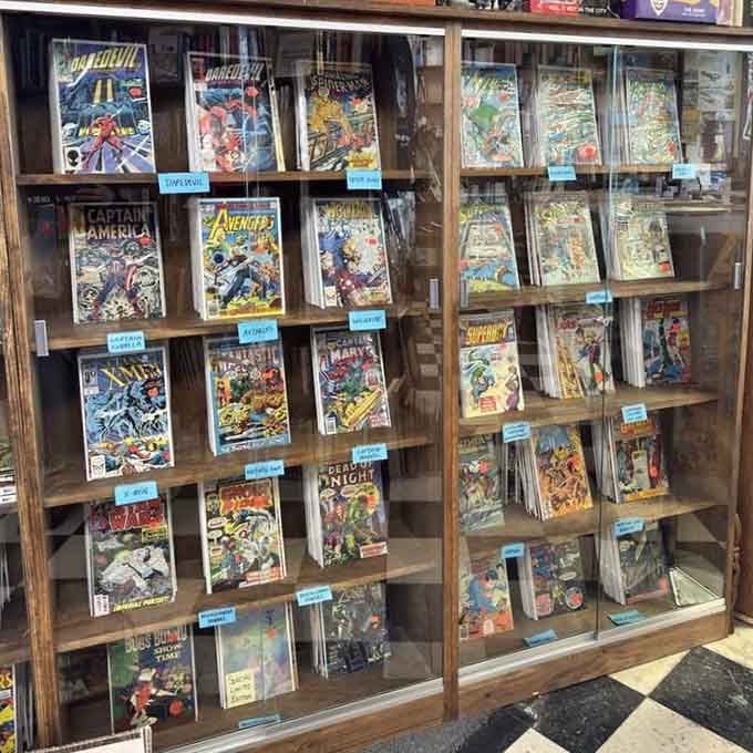 Comic collectors, your childhood dreams are preserved behind glass, from Captain America to X-Men waiting patiently for you.