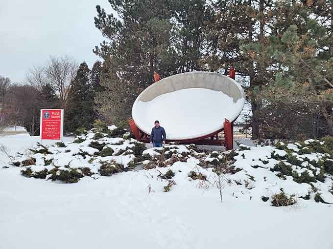 Winter transforms the pie pan into the world's most impractical snow saucer, and somehow that makes it even better.