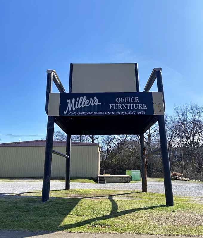 The front view reveals every detail, from armrests to backrest, all scaled up to gloriously impractical proportions.