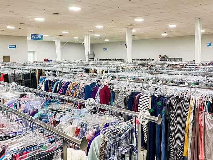 The women's section goes on forever, proving that one person's closet cleanout is another's wardrobe refresh opportunity.