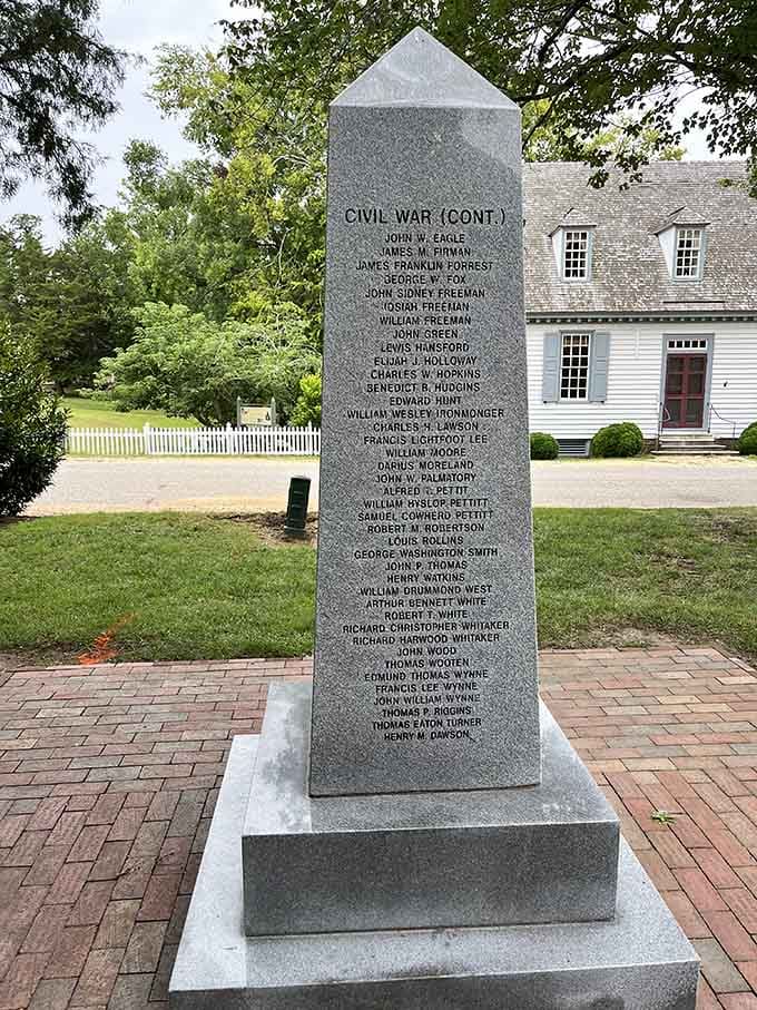 The York County War Monument honors local heroes from multiple conflicts, standing sentinel before a beautifully preserved colonial home.