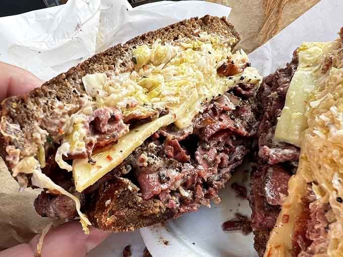 Binny's Brooklyn Reuben delivers that perfect grilled crunch on the outside, melty perfection on the inside.