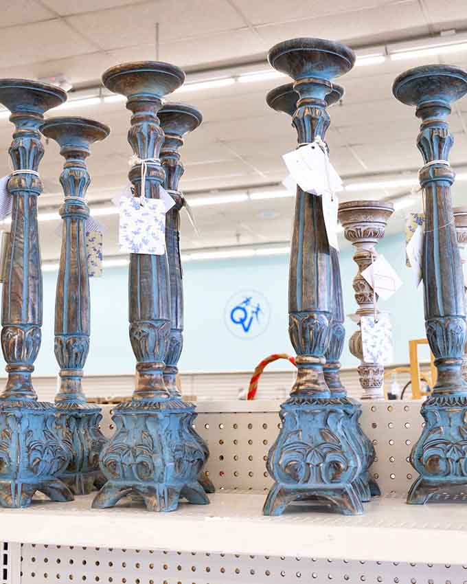 These ornate blue candlesticks could have graced Liberace's dining table or a Vegas showroom. Now they're waiting for your dinner party spotlight.