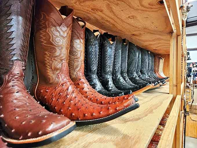 Cowboy boot heaven stretches before you. Each pair tells a story of dusty trails, dance floors, or perhaps just looking fabulous at the grocery store.