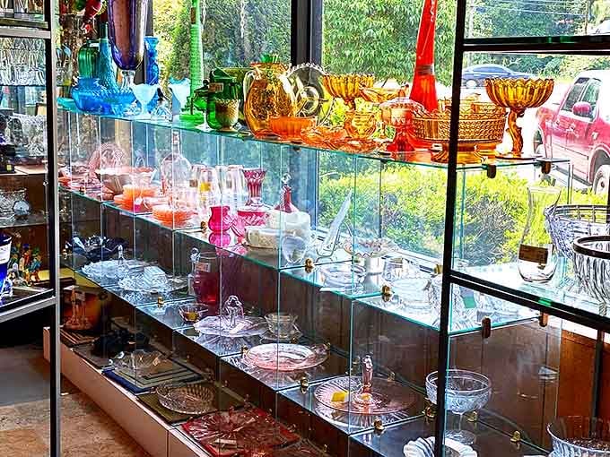 Sunlight dances through vintage glassware, creating a rainbow of possibilities. Each piece whispers of cocktail parties and Sunday dinners past.