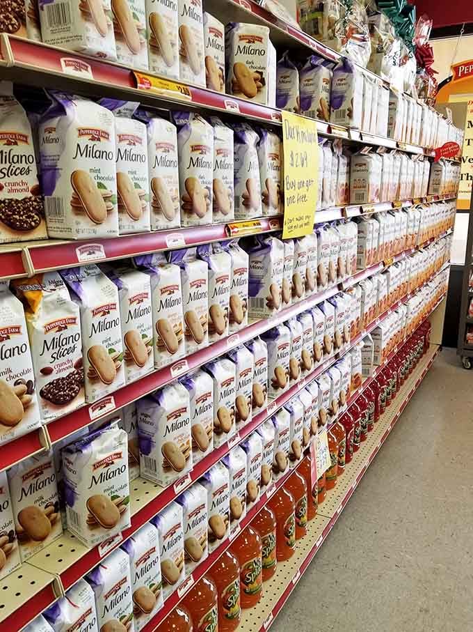 Pepperidge Farm Milano cookies stacked floor to ceiling, because chocolate-covered elegance should always be available in bulk quantities.