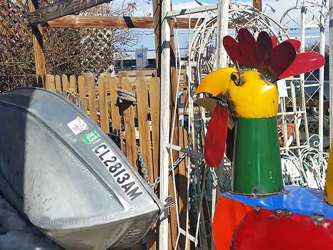 Even outside, the treasures continue. This colorful metal rooster would make any garden path feel like a country road.