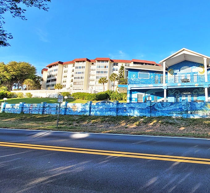 Street view surprise! Nothing prepares passing drivers for this burst of artistic rebellion nestled between palm trees and conventional architecture.