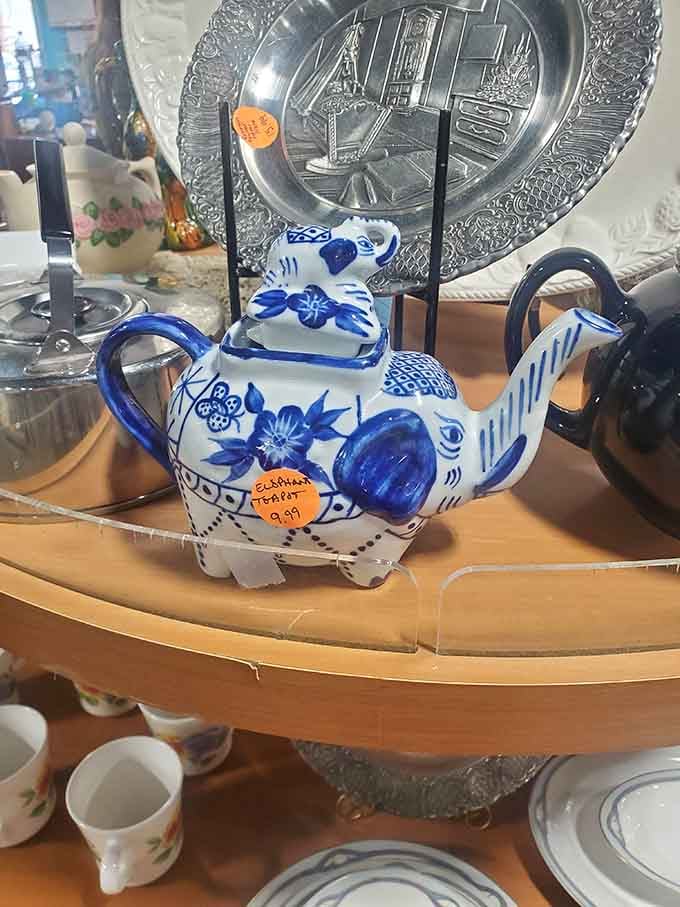 This blue and white elephant teapot isn't just kitchenware&mdash;it's conversation-starting decor that survived someone else's spring cleaning to become your quirky treasure.