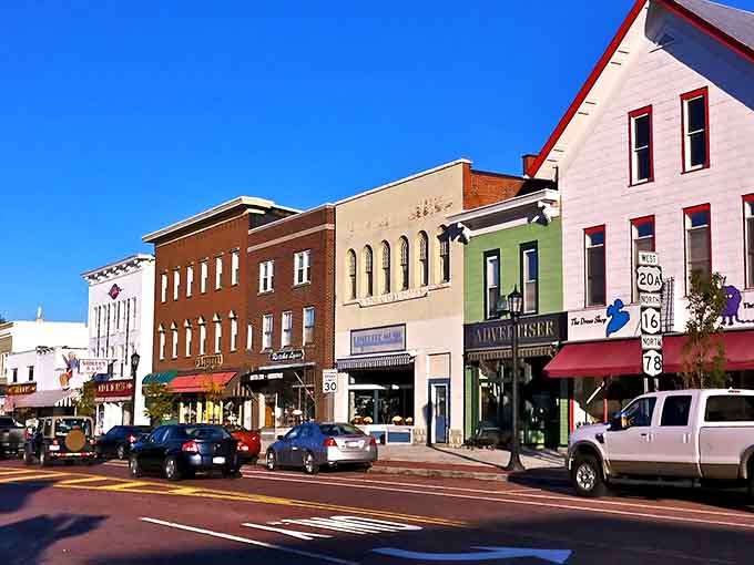 Painted storefronts in cheerful hues line up like a box of crayons came to life downtown.