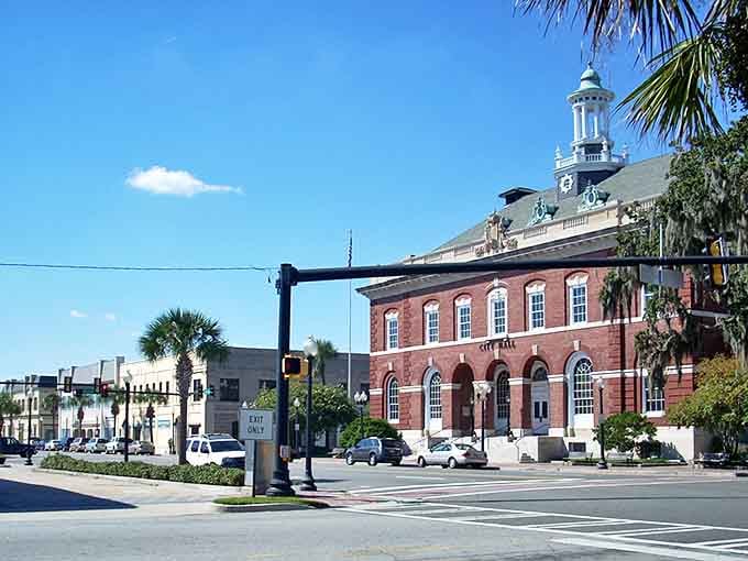Brunswick's historic city hall stands proud against blue skies, anchoring a downtown where retirement dollars go surprisingly far.