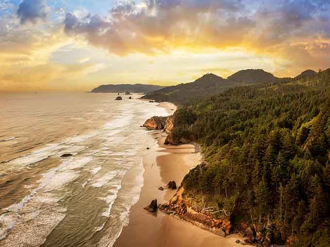 Golden hour transforms Cannon Beach's coastline into a dreamscape where the Pacific kisses the shore beneath a painted sky.