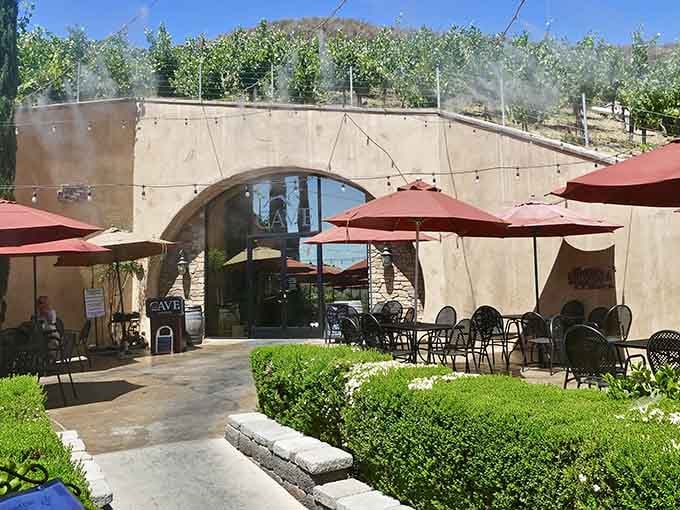 Wine country meets ancient architecture at this stunning cave entrance, where vineyard rows climb the hillside above.