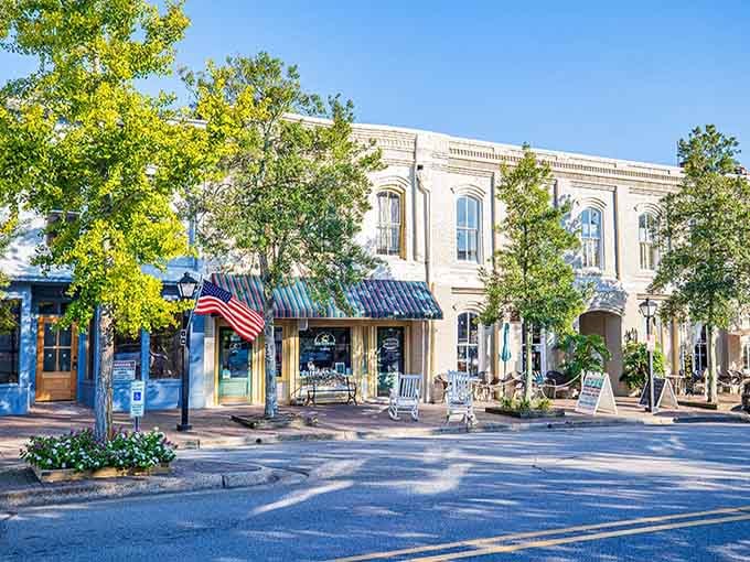 Morning light bathes these elegant facades in golden warmth, making every storefront look ready for its close-up.