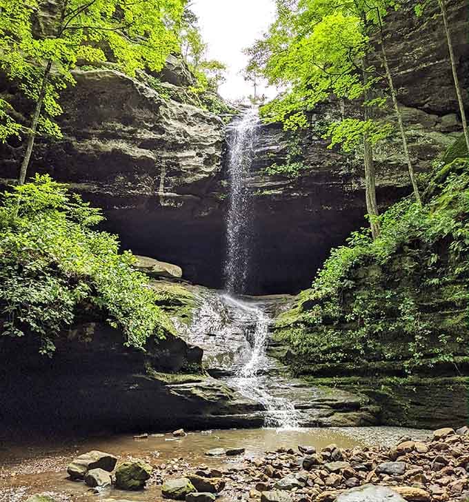 This tiered waterfall tumbles over dark rock ledges like a wedding cake designed by Mother Nature herself.