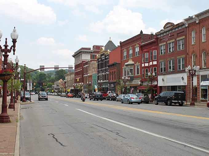 Classic storefronts create an outdoor museum where American small-town life is the permanent featured exhibition.