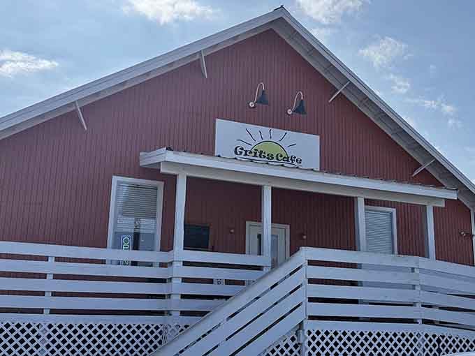 This red barn-style building looks like it belongs on a postcard about Southern breakfast done right.
