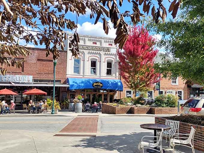 The Black Rose Pub's blue awning and that pink flowering tree create a scene worth canceling plans for.