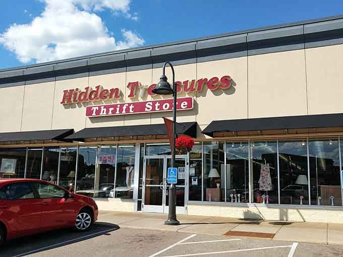 The charming vintage lamp post and brick patio furniture outside hint at the quality treasures waiting inside this shop.