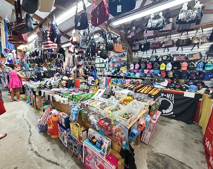 This patriotic display bursting with caps, bags, and accessories proves shopping can be both fun and fashionable simultaneously.