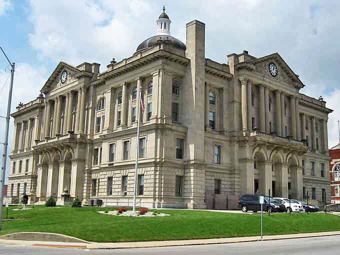 Huntington's magnificent courthouse stands as a proud symbol of community strength with its impressive columns and beautiful architecture.