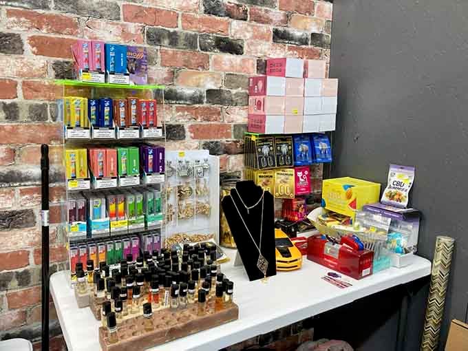 Beauty products and nail polish bottles arranged against exposed brick create an unexpectedly chic shopping experience downtown.