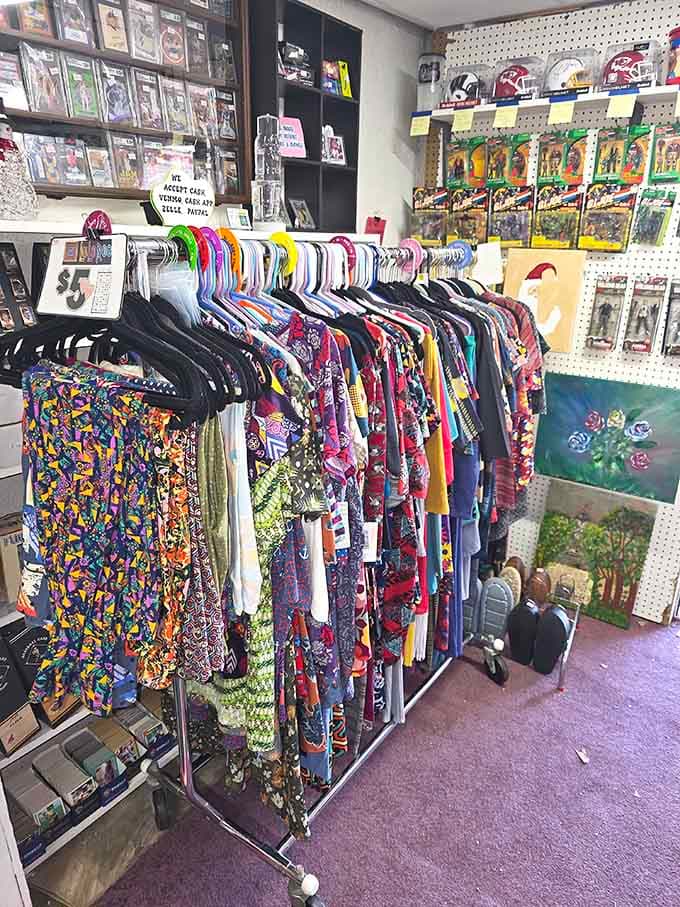 Vibrant patterns hanging from every rack transform ordinary clothing shopping into a rainbow-colored treasure hunt experience.