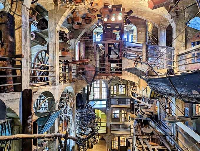 This towering cathedral of American ingenuity holds wagons, tools, and history suspended like memories in mid-air.