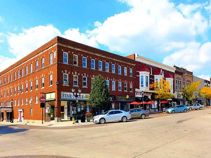 That brilliant autumn blue sky makes these perfectly preserved storefronts look like a Norman Rockwell painting come alive.