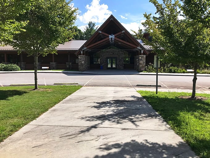 The rustic lodge welcomes visitors with timber beams and stone, proving that sometimes the best architecture simply frames what's already there.