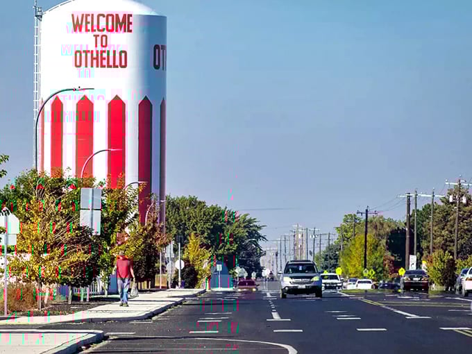That bold water tower greeting could double as the world's largest business card, visible from practically everywhere.