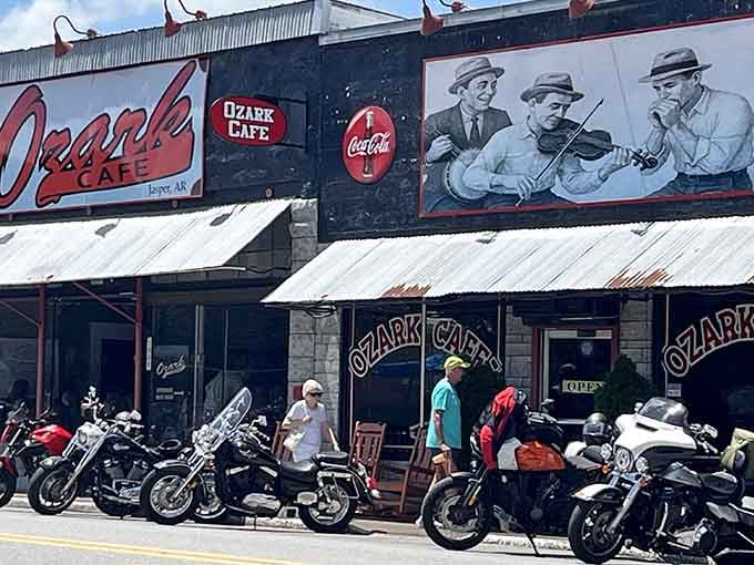Motorcycles lined up outside Ozark Cafe like hungry pilgrims at a food shrine. When the bikes gather, you know the burgers are worth the journey.