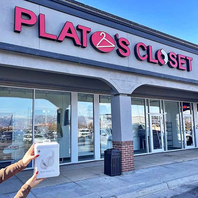 Plato's Closet's vibrant signage promises fashion without the financial pain. Where teenage style meets parental budget constraints in perfect harmony.