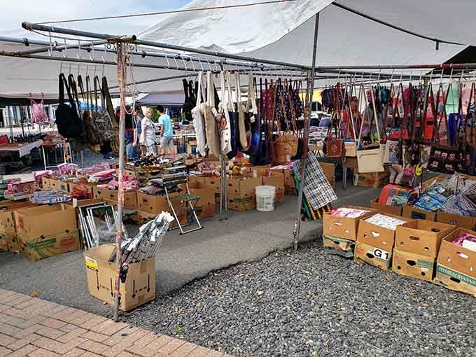 Under white canopies, purses and bags dangle like colorful fruit while cardboard boxes overflow with hidden gems below.