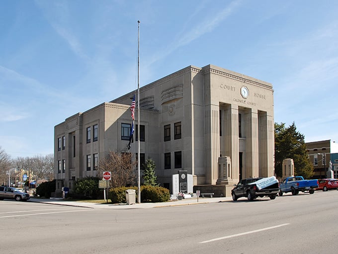 The Art Deco courthouse stands proud with its vertical columns, a Depression-era gem that still anchors the community today.