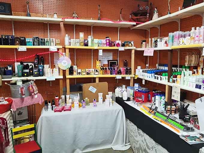 That pegboard wall displays fragrances and lotions more organized than most bathroom cabinets could ever dream of being.