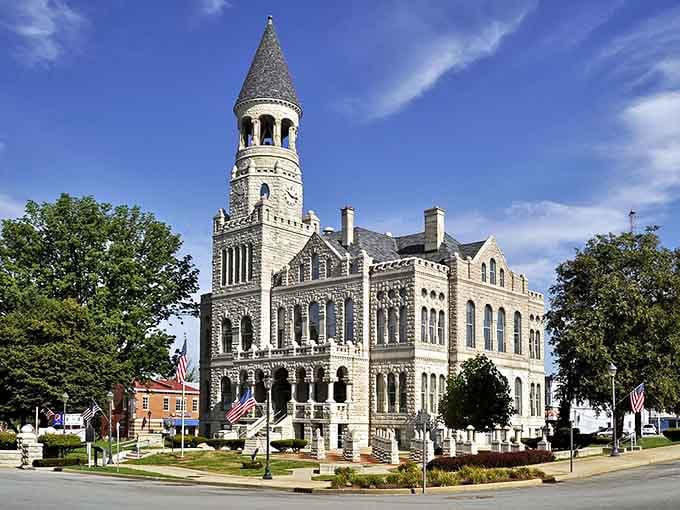 This limestone building looks like it belongs in a European capital, but the property taxes are decidedly Indiana-friendly.