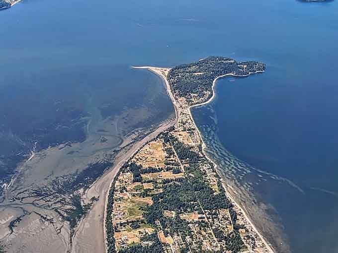 From the sky, this narrow spit of land looks like nature drew it with a ruler and green crayon.