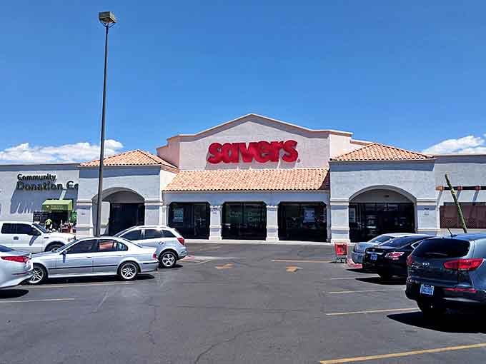 Savers' bright red sign and Spanish-style roof create an inviting atmosphere for thrift store adventurers.