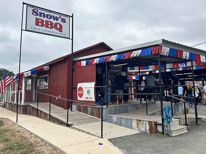 Snow's BBQ – the humble red shack that launched a thousand road trips. Saturday-only service makes it even more legendary.