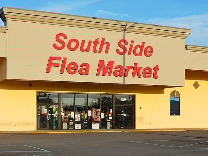 Bold red lettering on sunny yellow walls promises indoor comfort while you hunt for deals rain or shine.