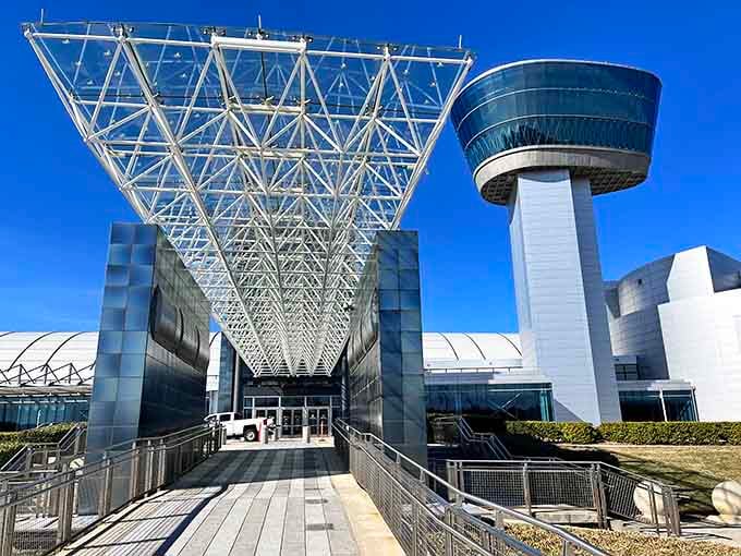 The geometric entrance design looks like something from a sci-fi movie, perfectly fitting for a space museum.
