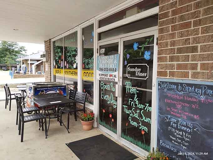 Handwritten specials and cheerful windows – Sunday Diner embodies small-town breakfast at its finest.