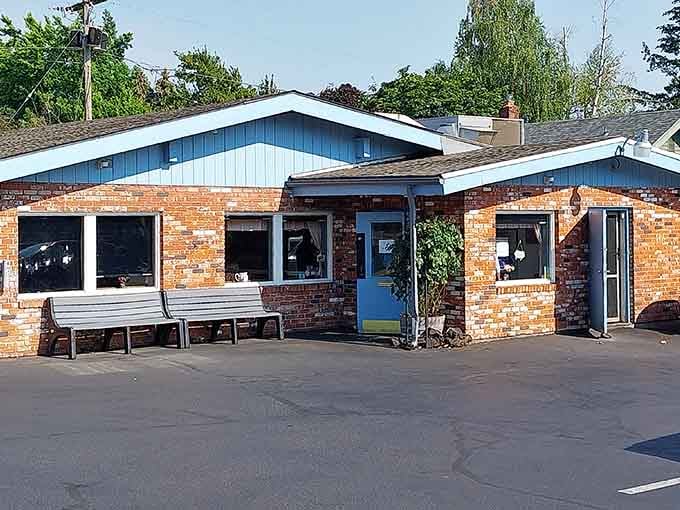 The brick and blue trim give off serious hometown vibes, like visiting your favorite aunt's kitchen every morning.