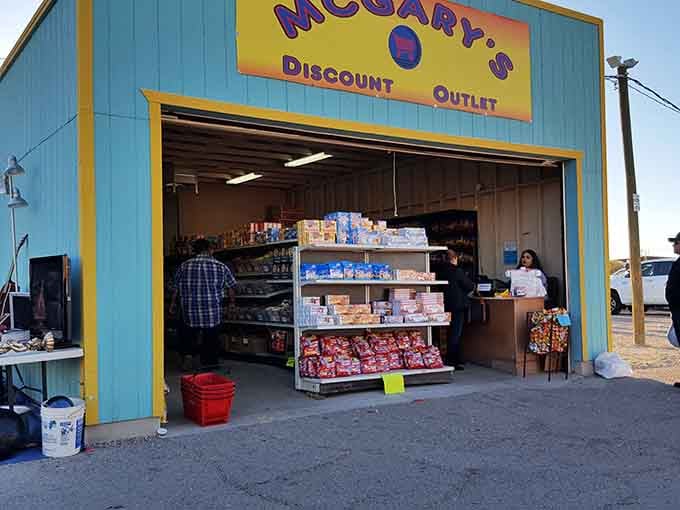 That cheerful yellow and purple storefront promises discount deals that'll make your wallet breathe a sigh of relief.