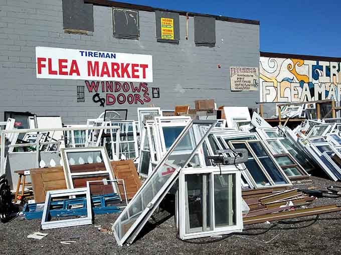 Tireman's distinctive blue building houses unexpected treasures. Who knew windows and doors could create such an impressive architectural display?